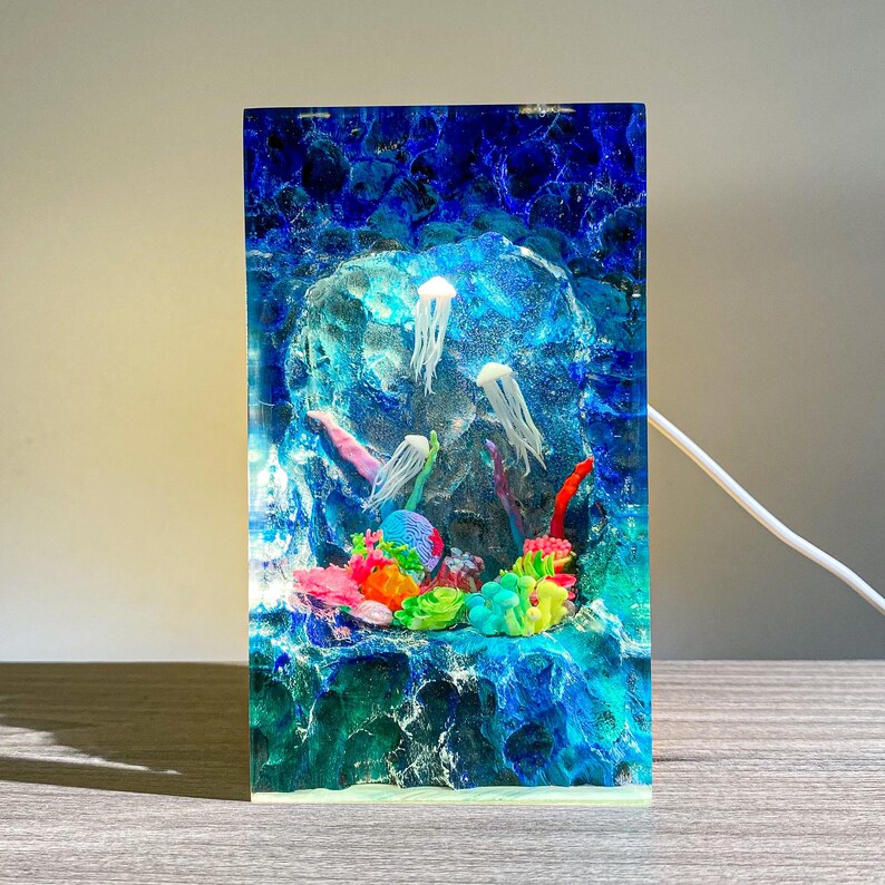 Jellyfish Coral Reef Resin Lamp – Glowing LED Epoxy Light for Ocean ...