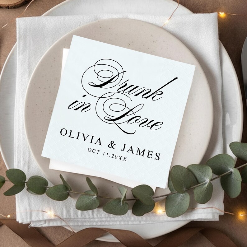 Personalized Drunk in Love Fancy Script Wedding Paper Napkin, Rehearsal ...