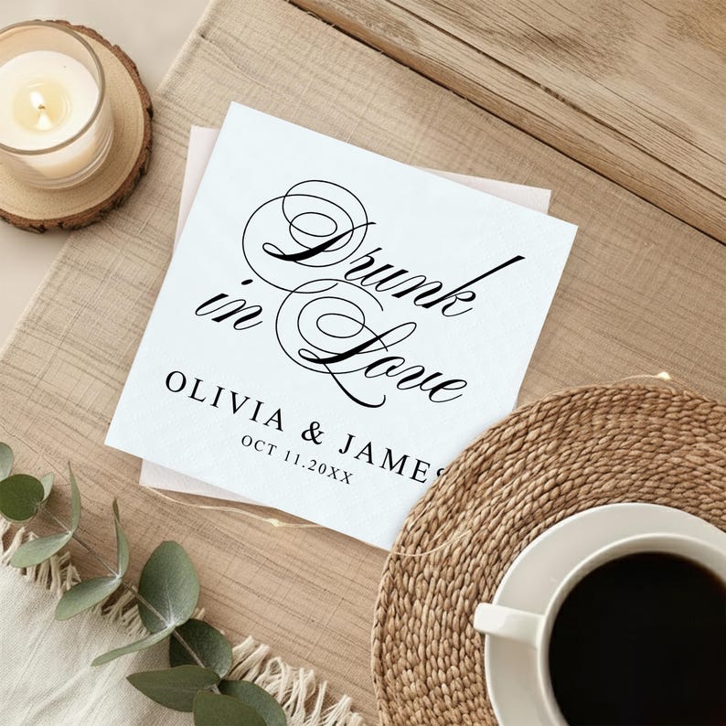 Personalized Drunk in Love Fancy Script Wedding Paper Napkin, Rehearsal ...