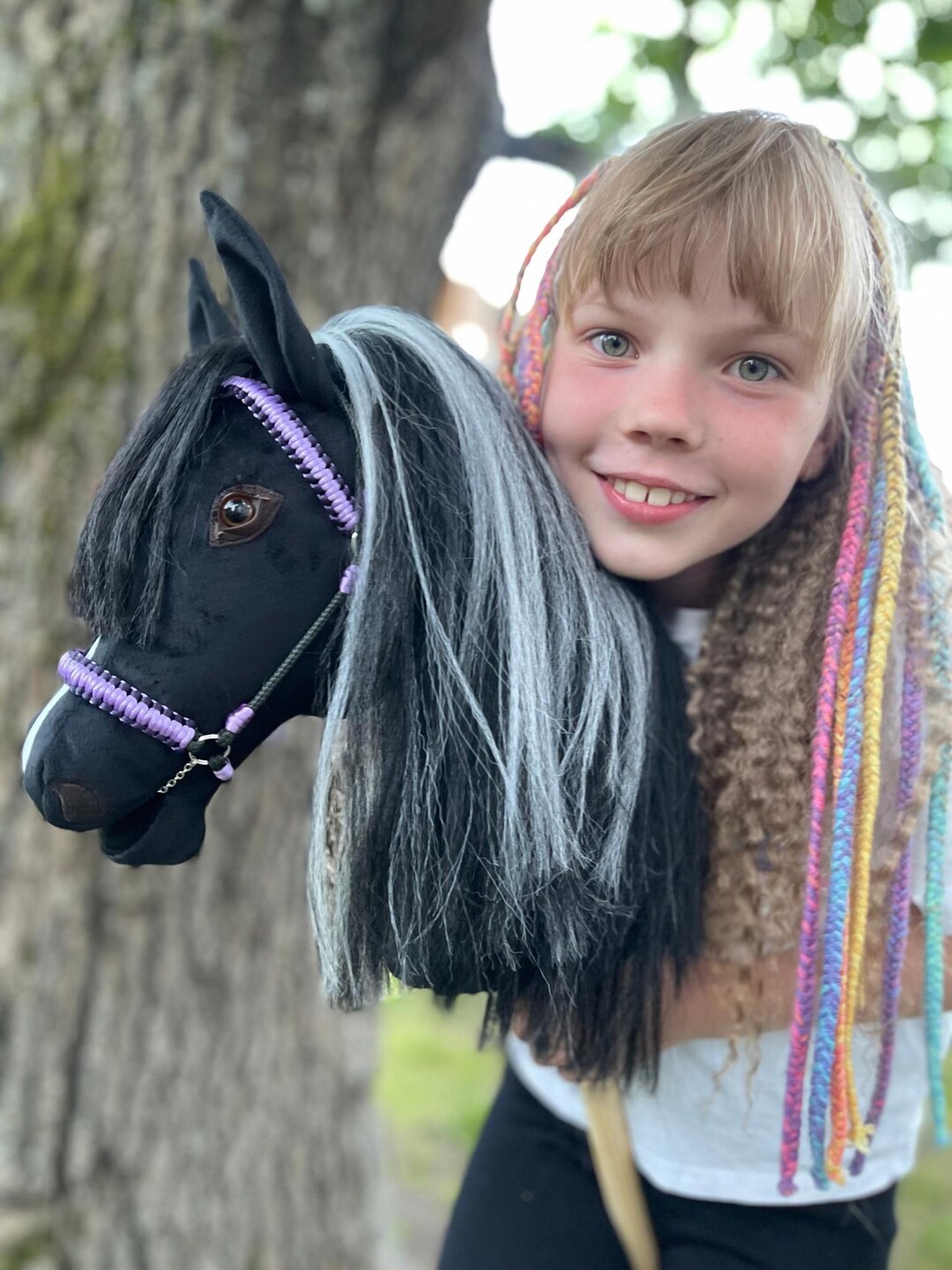 Handmade Black Hobby Horse: Braided Bridle, Custom Name Tag - Etsy
