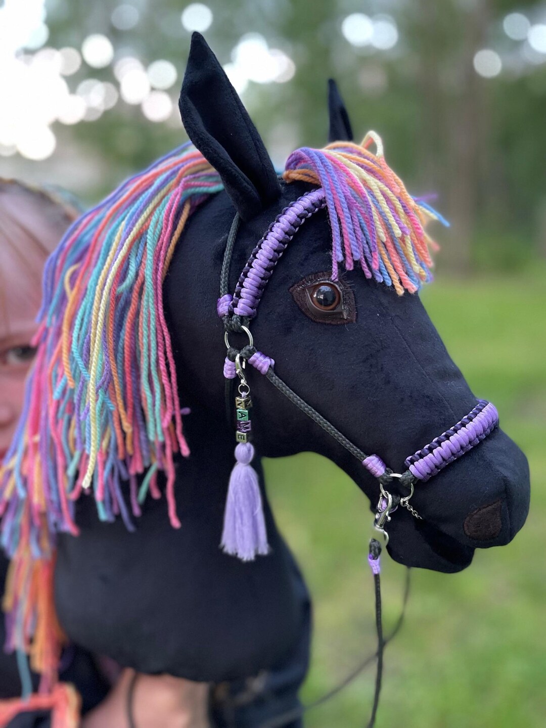 Black Hobby Horse With Rainbow Yarn Mane – Custom Stick Horse With Name ...