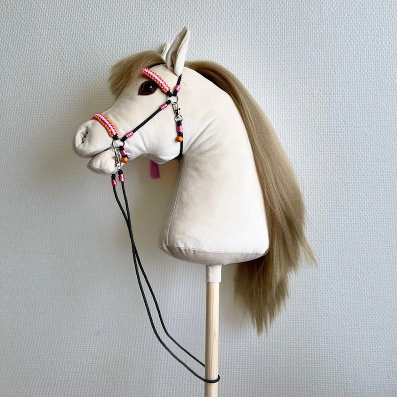 Handmade Beige Hobby Horse – Personalized Name Tag, Sunset Pink Bridle ...