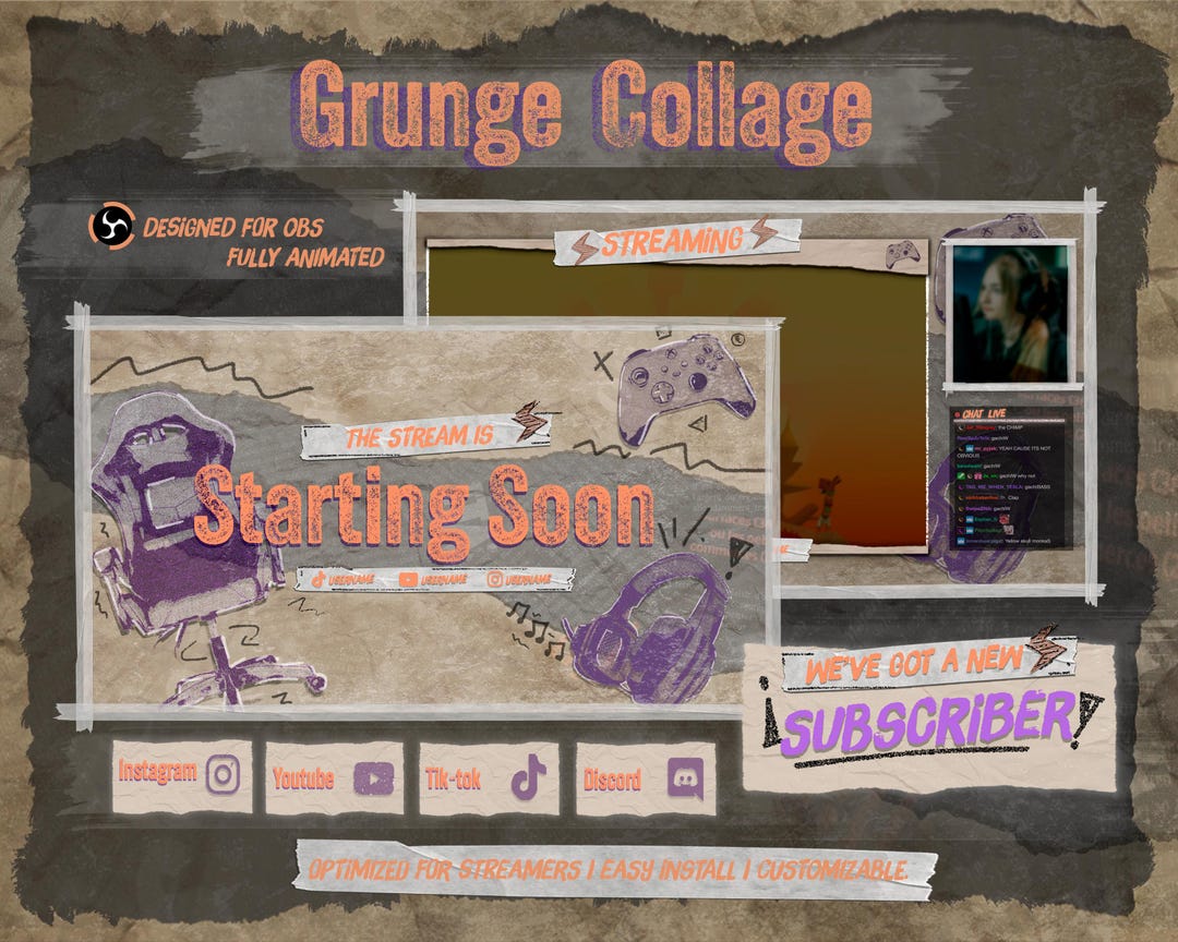 Stream Pack Grunge Collage _ Animated Twitch Overlays (ENG & ESP) - Etsy
