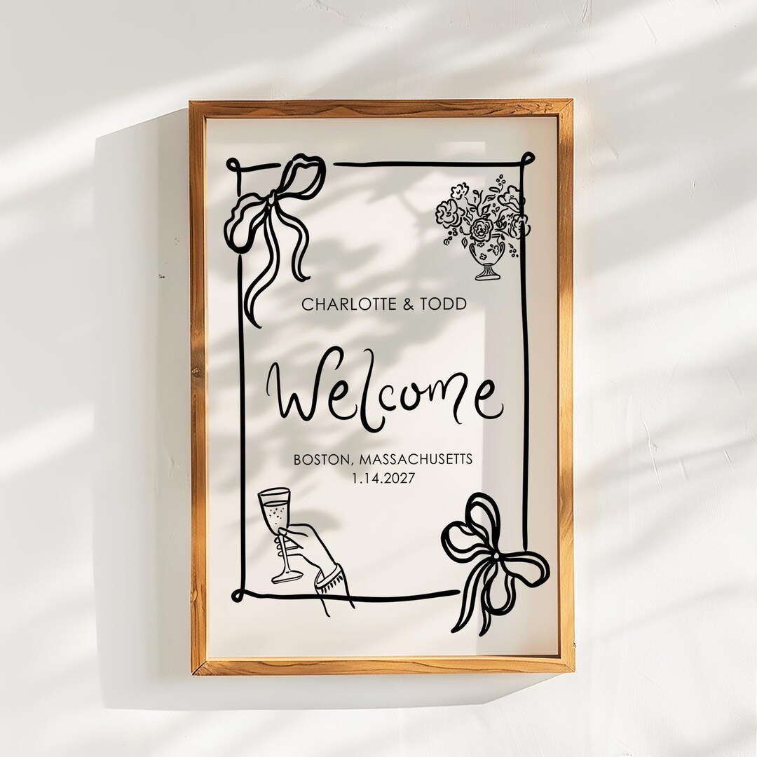 Whimsical Wedding Welcome Sign | Floral Bow Drawing L | Hand Drawn ...