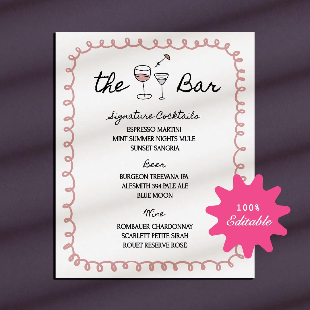 Editable Hand Drawn Bar Menu Template, Quirky Drink Illustration ...