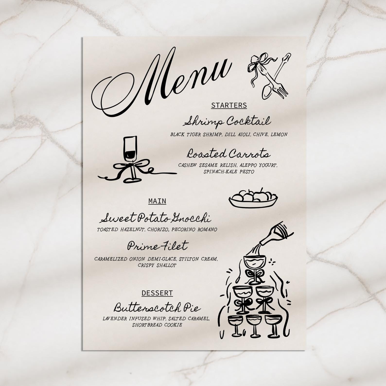 Editable Hand Drawn Champagne Menu, Dinner Invite Template, Calligraphy ...