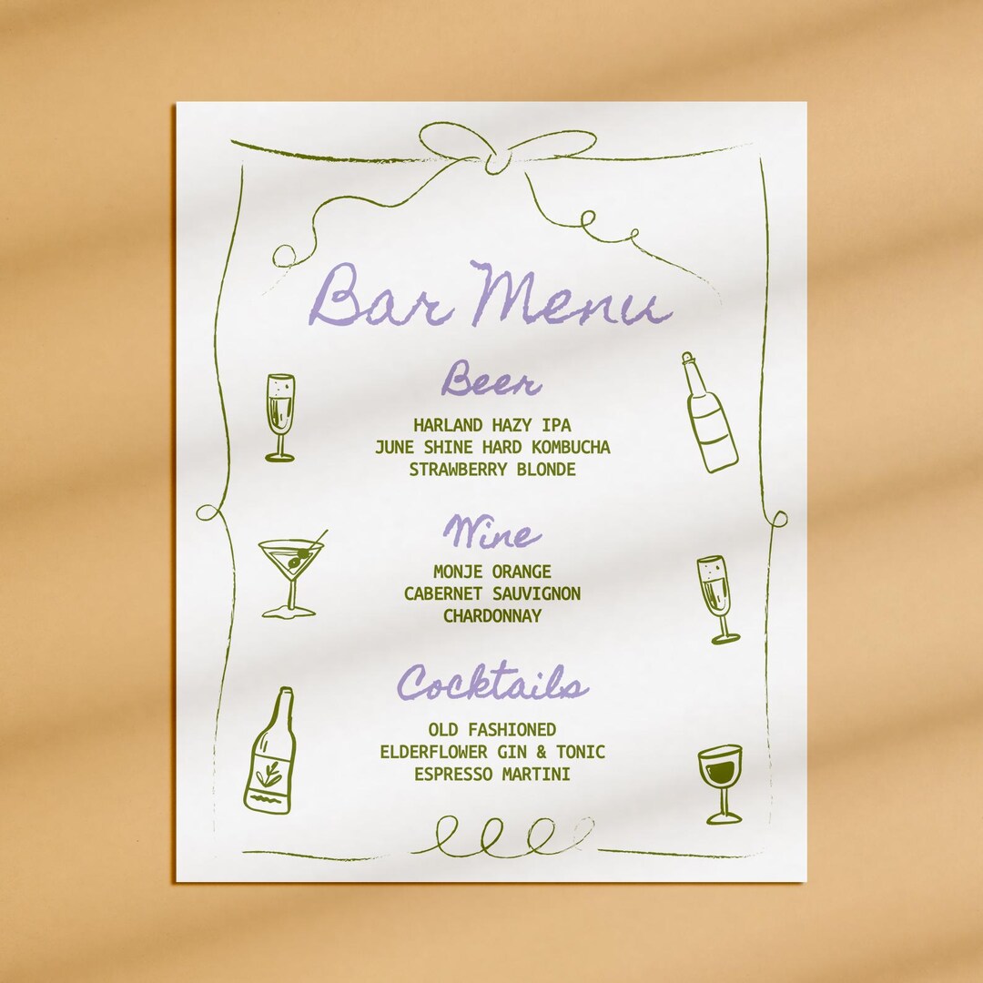 Hand Drawn Bow Bar Wedding Menu, Signature Cocktail Drinks, Modern ...