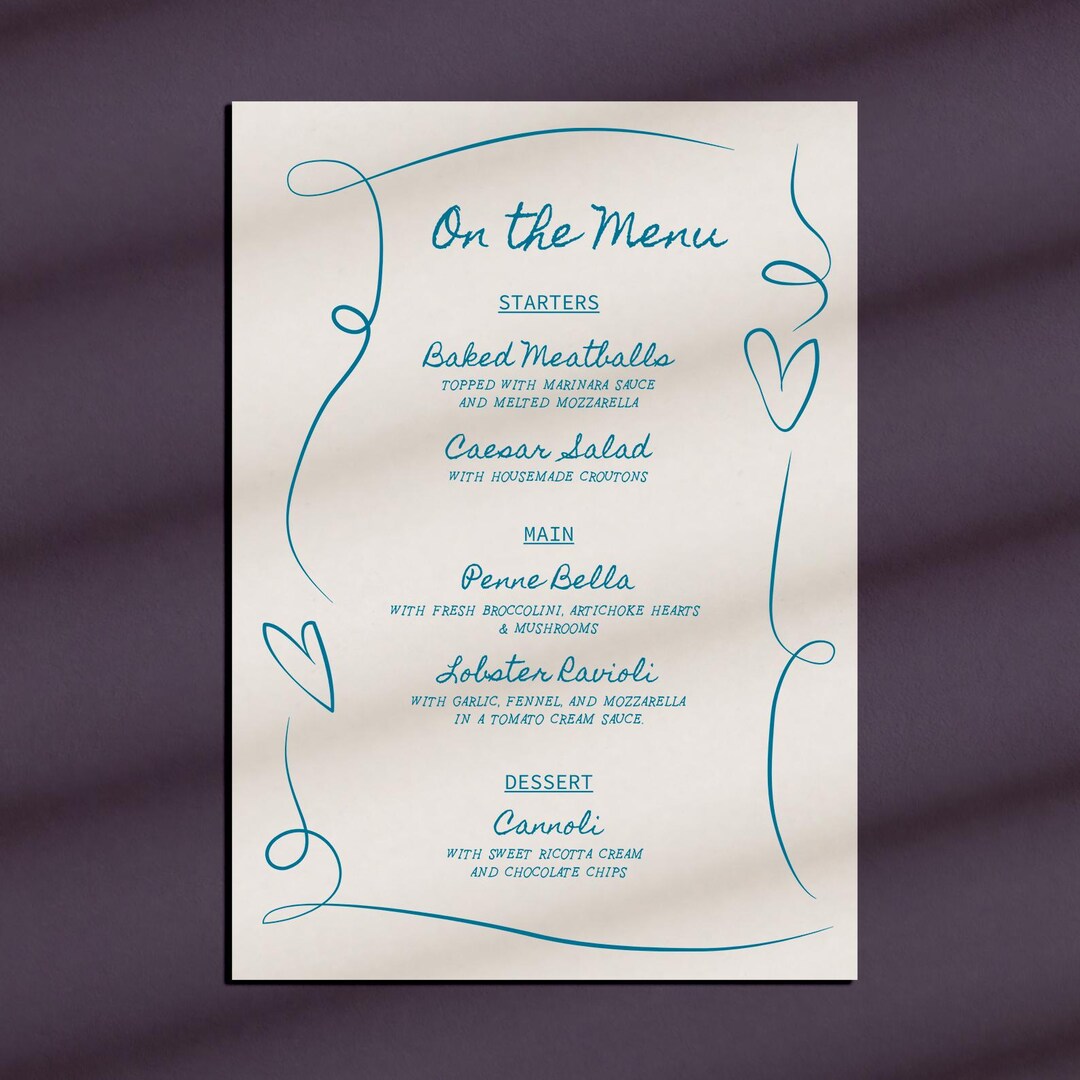 Hand Drawn Heart Menu Template: Whimsical Wedding Dinner (digital ...