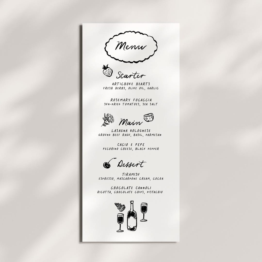 Editable Hand Drawn Menu, 4x9 Dinner Invite Template, Calligraphy ...