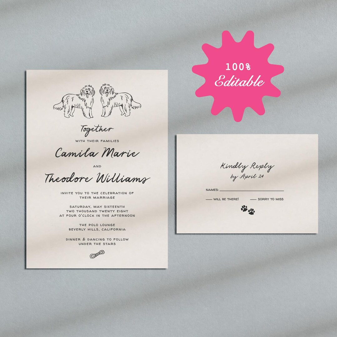 Dog Wedding Invitation, Printable Template, Hand Drawn Animal Theme ...