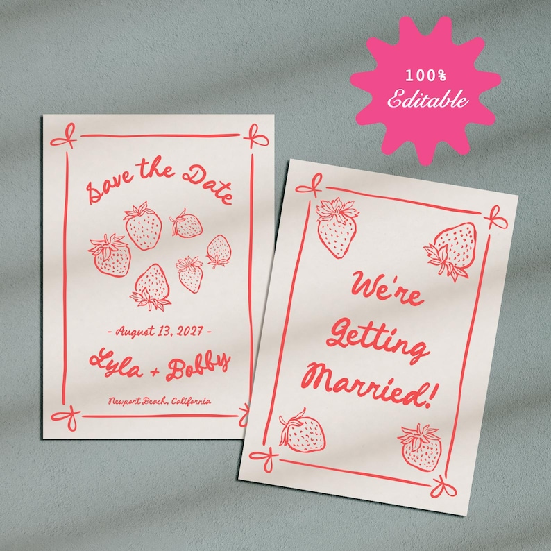 Strawberry Save the Date, Editable, Template, Whimsical Wedding Invite ...