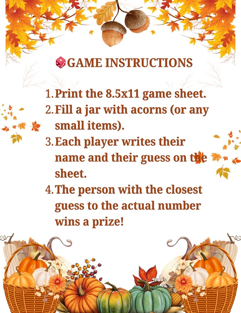 Count the Acorns Guessing Game – Fall Party Printable, Thanksgiving ...