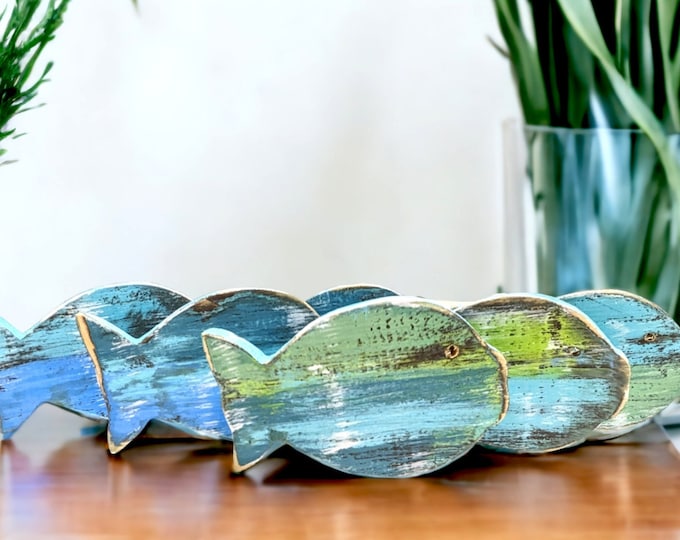 Ocean Blue Wooden 7 Fish Mobile Decoration Hanging Ornament Wood Hanger ...