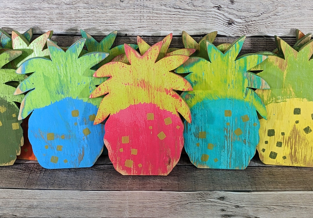 Whimsical Pineapple Wall Hangings Sets of 2 Small Bright Color Tropical ...