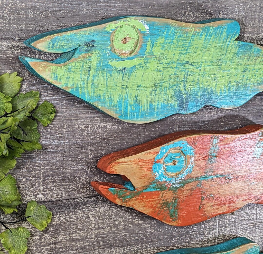 Weathered Wooden Fish Nursery Decor Vintage Style Minnow Wall Hangings ...