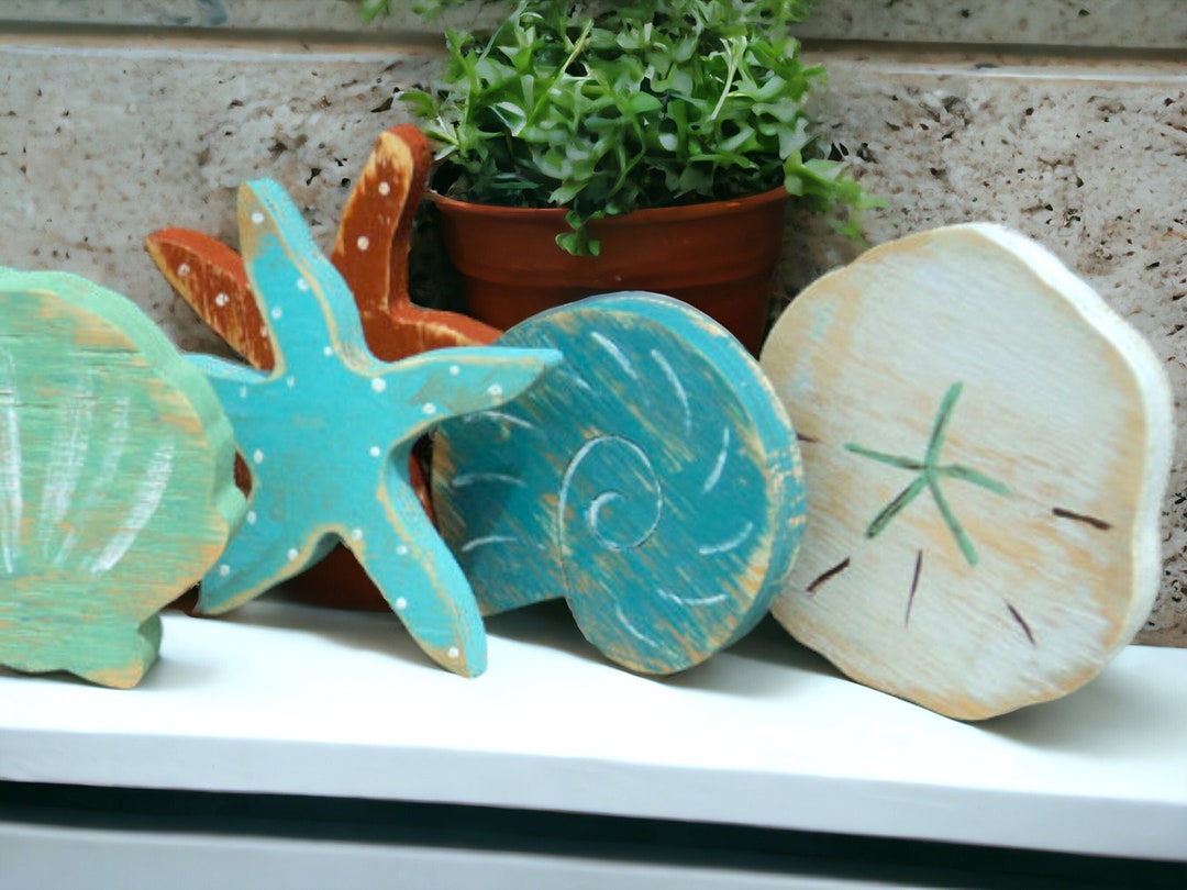Set of 4 Sea Shell Bowl Fillers, Wooden Sand Dollar Shelf Sitters ...