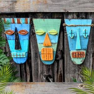 Island Style Wooden Tribal Mask Set Tropical Tiki Bar Decor Rustic ...