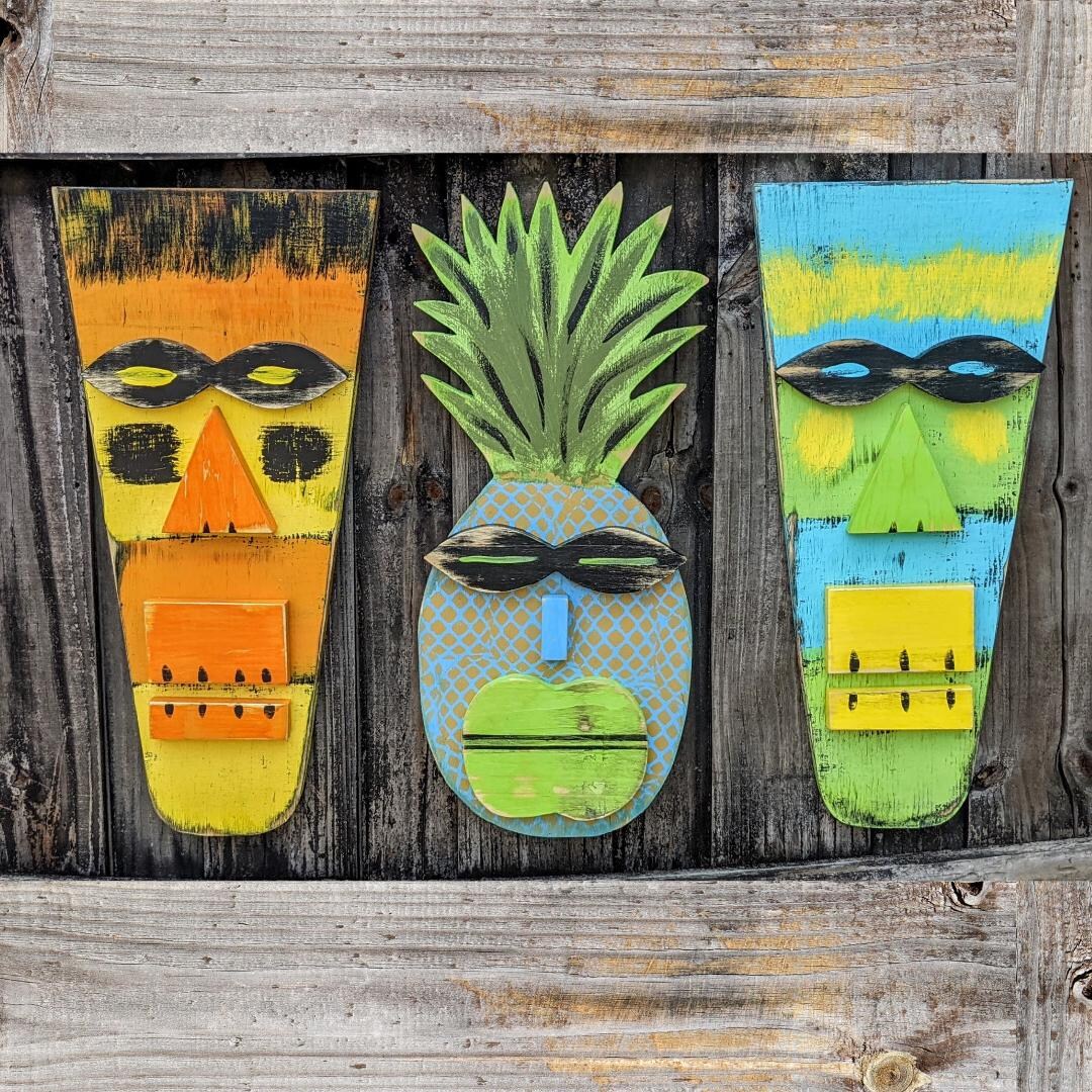 Pineapple Tiki Bar Signs Hawaiian Wall Art Accent Tropical Tribal Mask ...