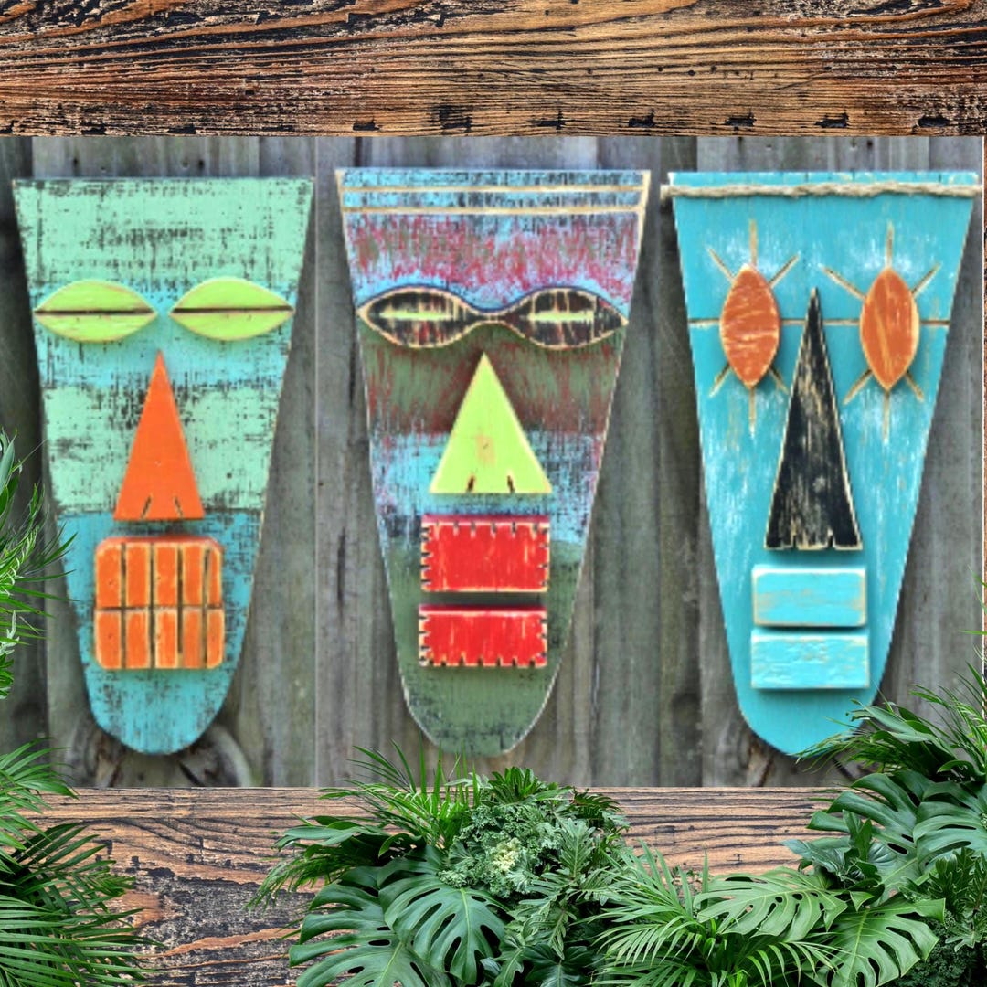 Primitive Tiki Mask Set Whimsical Tiki Bar Decor Handmade Wall Art ...