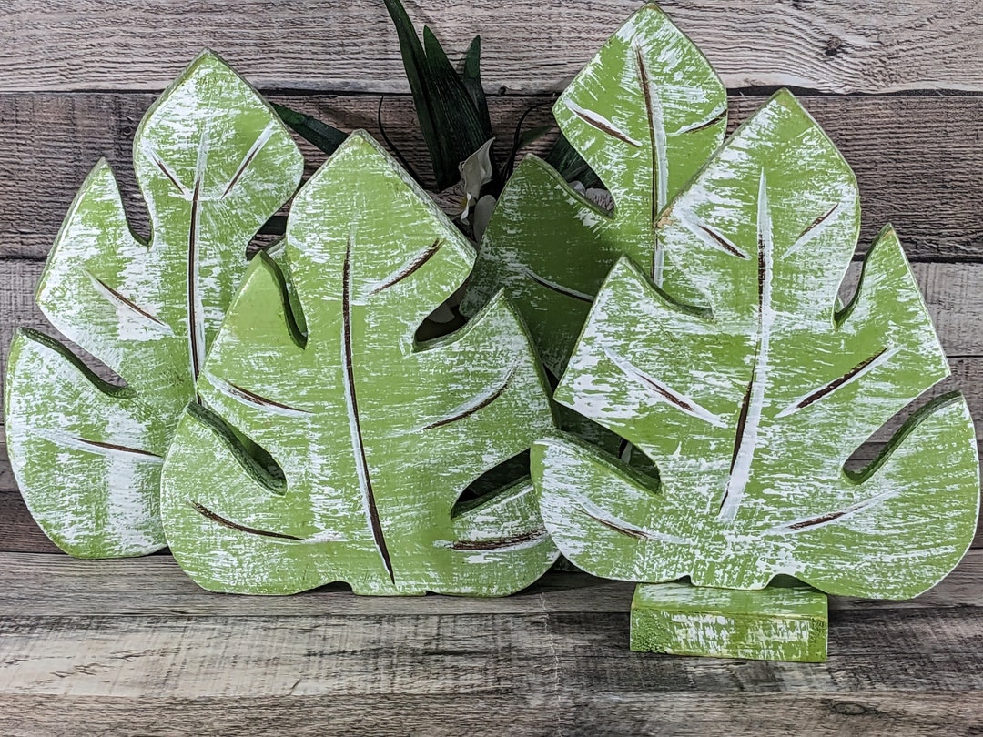 Tropical Monstera Leaf Wooden Table Accents, Coastal Farmhouse Home ...
