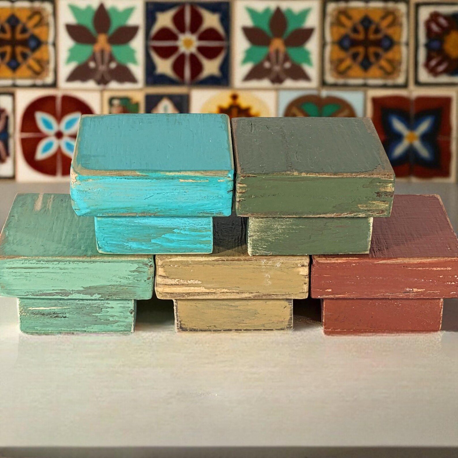Tiny Shelf Display Accent Block Mini Wood Platform Tiered Tray Rustic ...