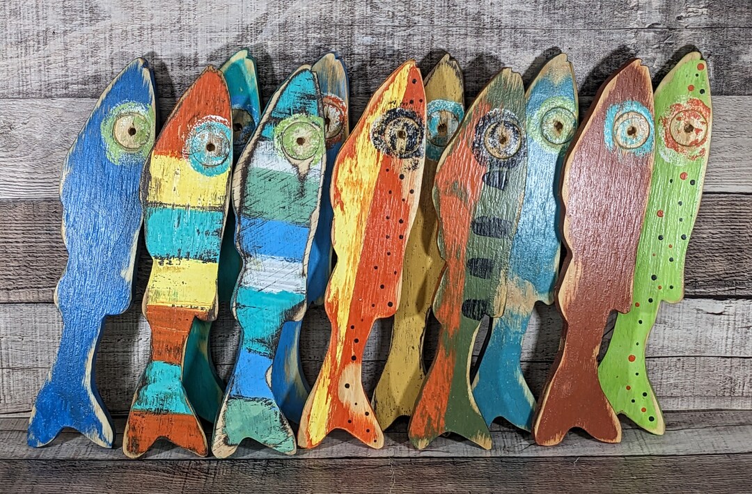 Ocean Themed Gift Idea Wooden Fish Colorful Nursery Accent Minnow Decor ...