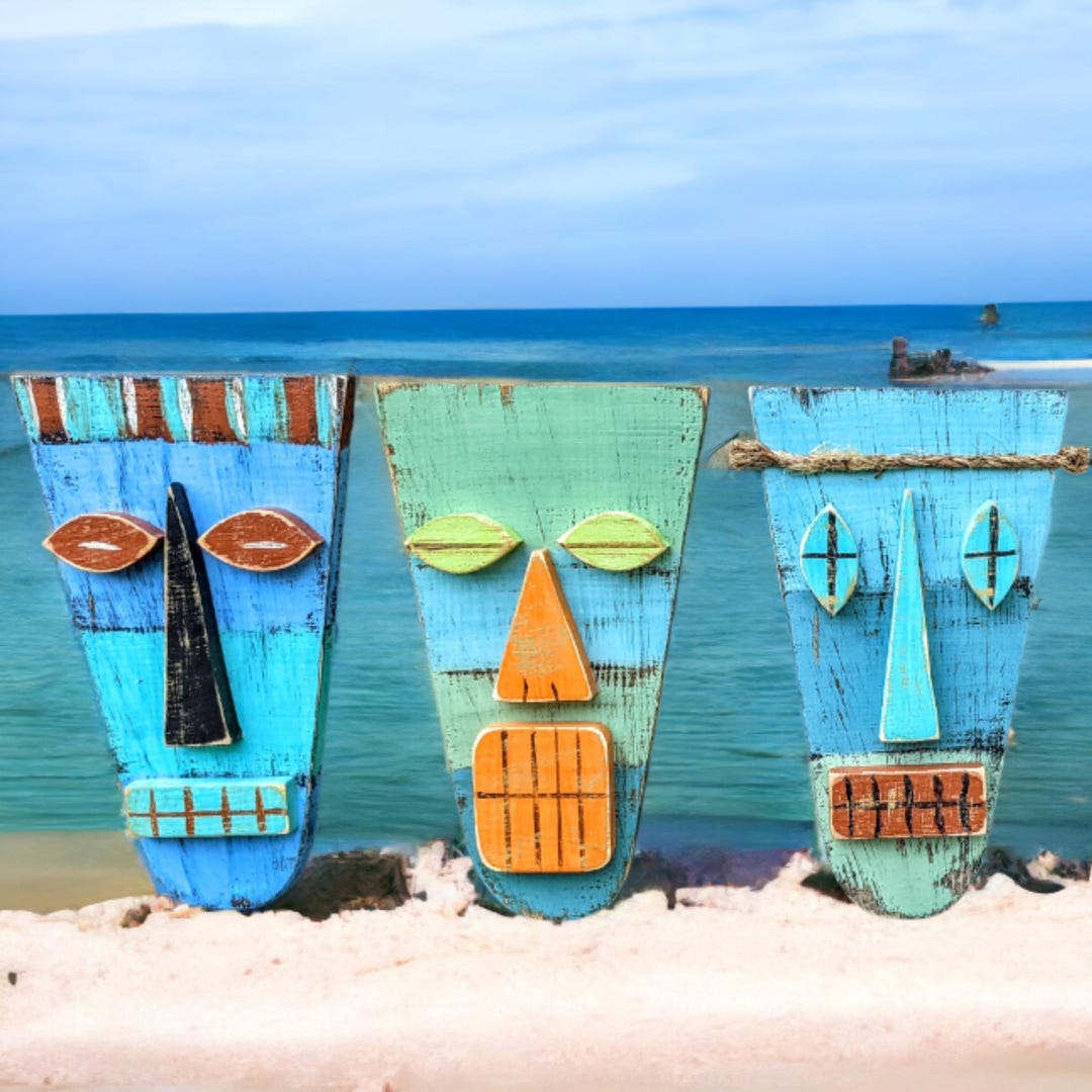 Island Style Wooden Tribal Mask Set Tropical Tiki Bar Decor Rustic ...