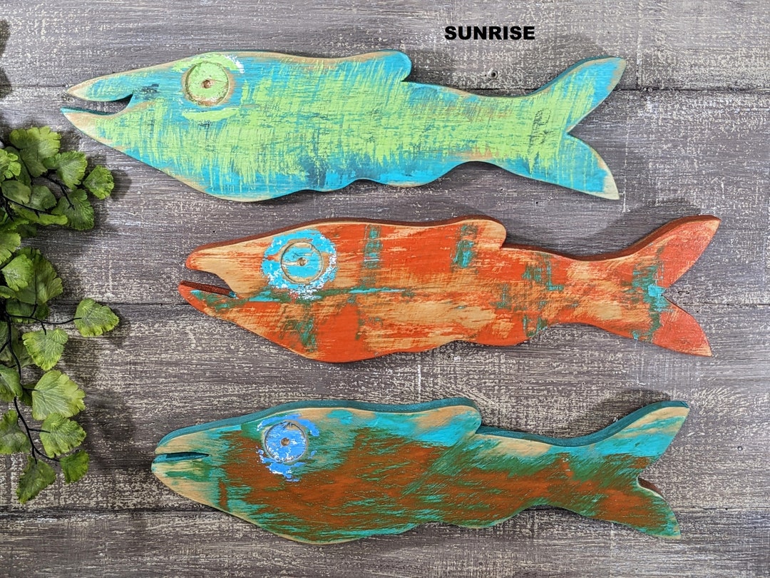 Weathered Wooden Fish Nursery Decor Vintage Style Minnow Wall Hangings ...