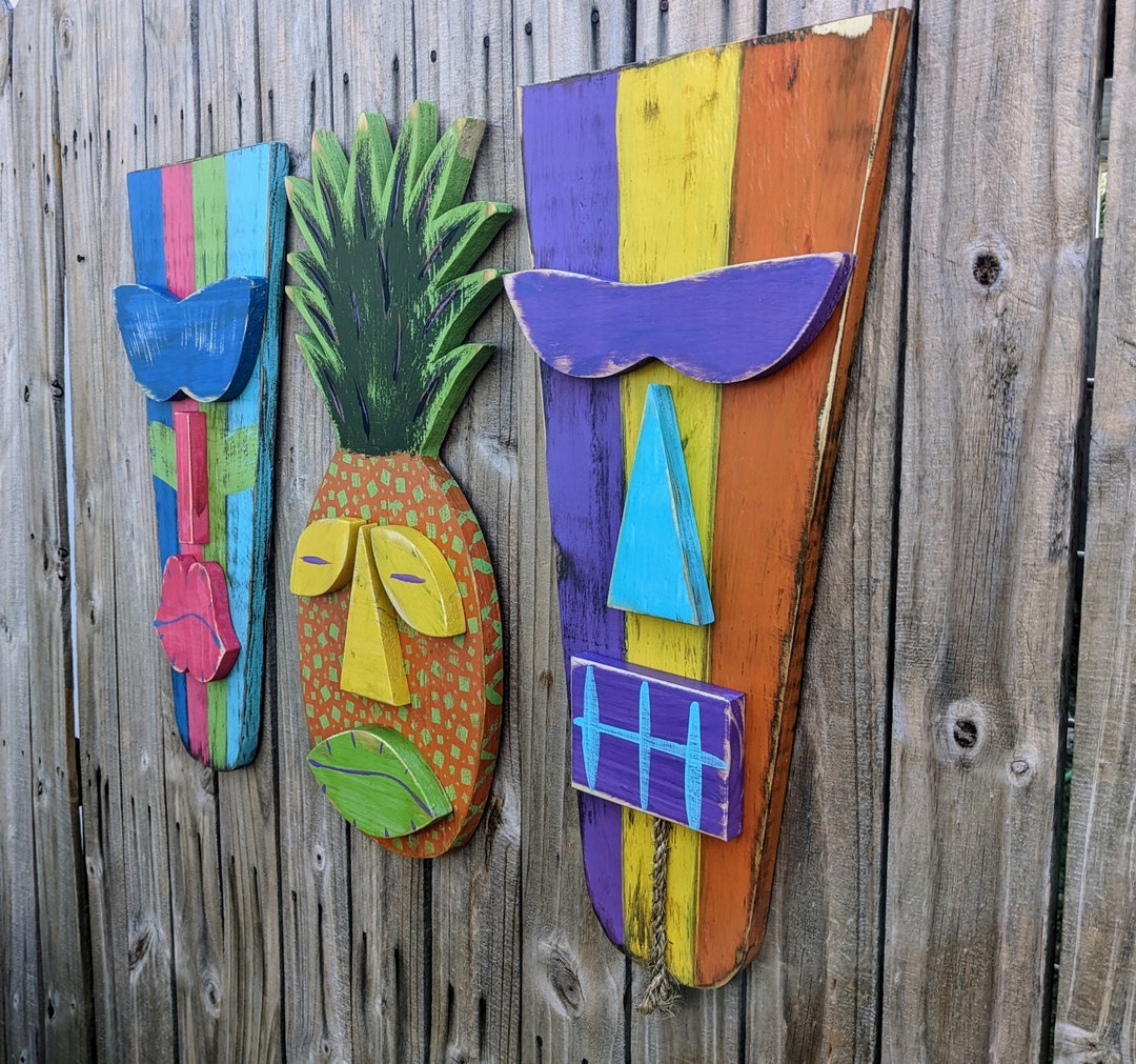 Bright & Colorful Tiki Mask Set, Beach House Gift, Tiki Bar Signs ...