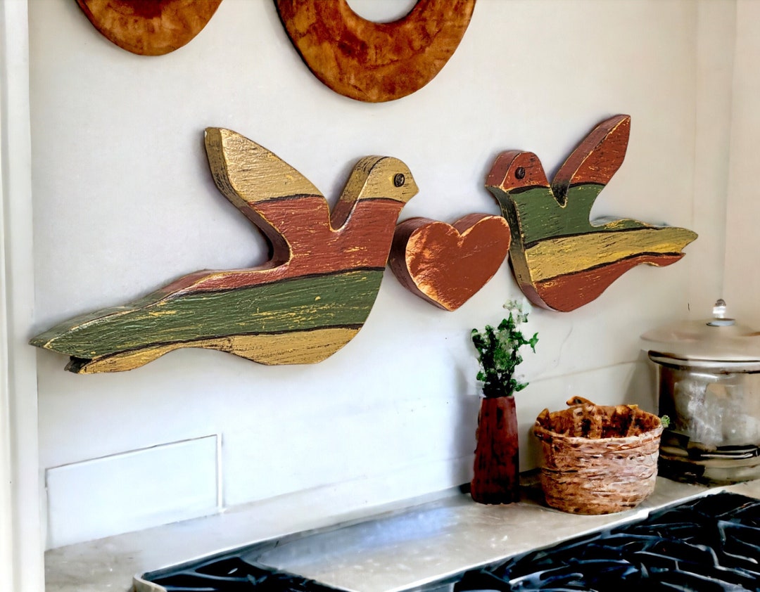Rustic Country Wooden LOVE DOVES, Whimsical Bird Folk Art, Boho Heart ...