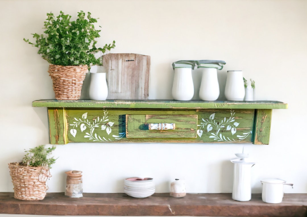 Vintage Inspired Handcrafted Wooden Shelf With Stenciled Rustic Country ...
