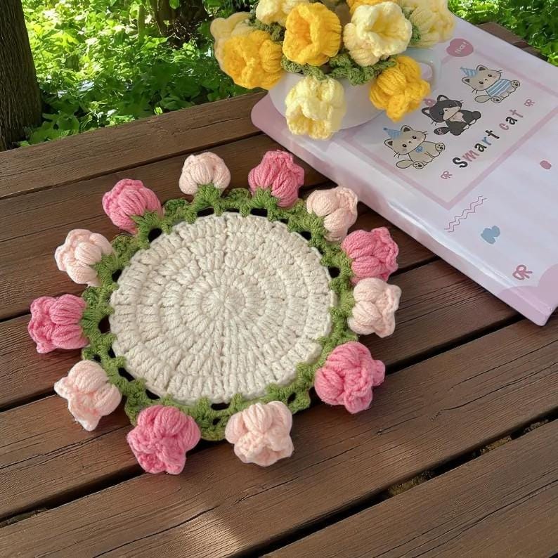 Handmade Crochet Tulip Flower Coaster With Basket, Crochet Rose ...