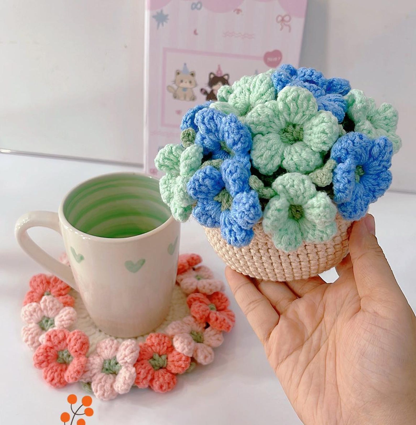 Handmade Crochet Tulip Flower Coaster With Basket, Crochet Rose ...