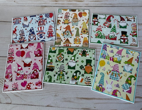 6 Gnome Handmade card collection Valentine ST Patricks Day/ Easter/Fall ...