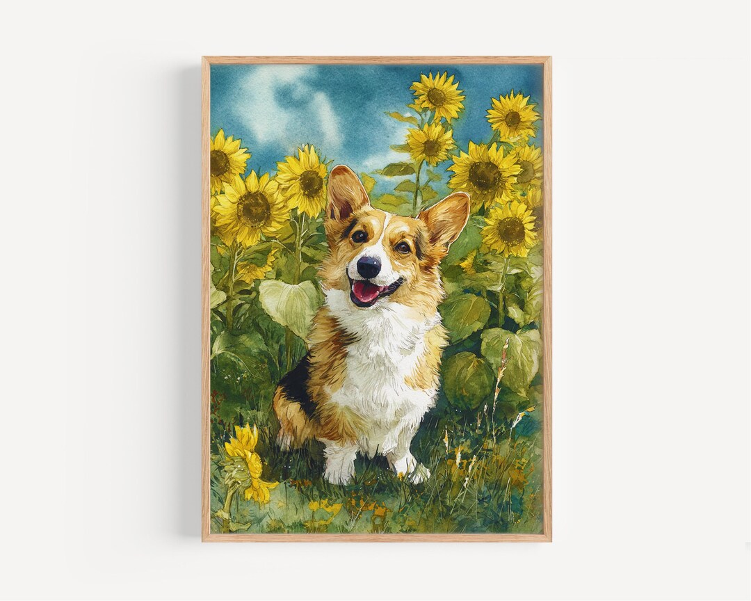 Corgi Watercolour Print – Happy Dog in Sunflower Field, Colourful Pet ...