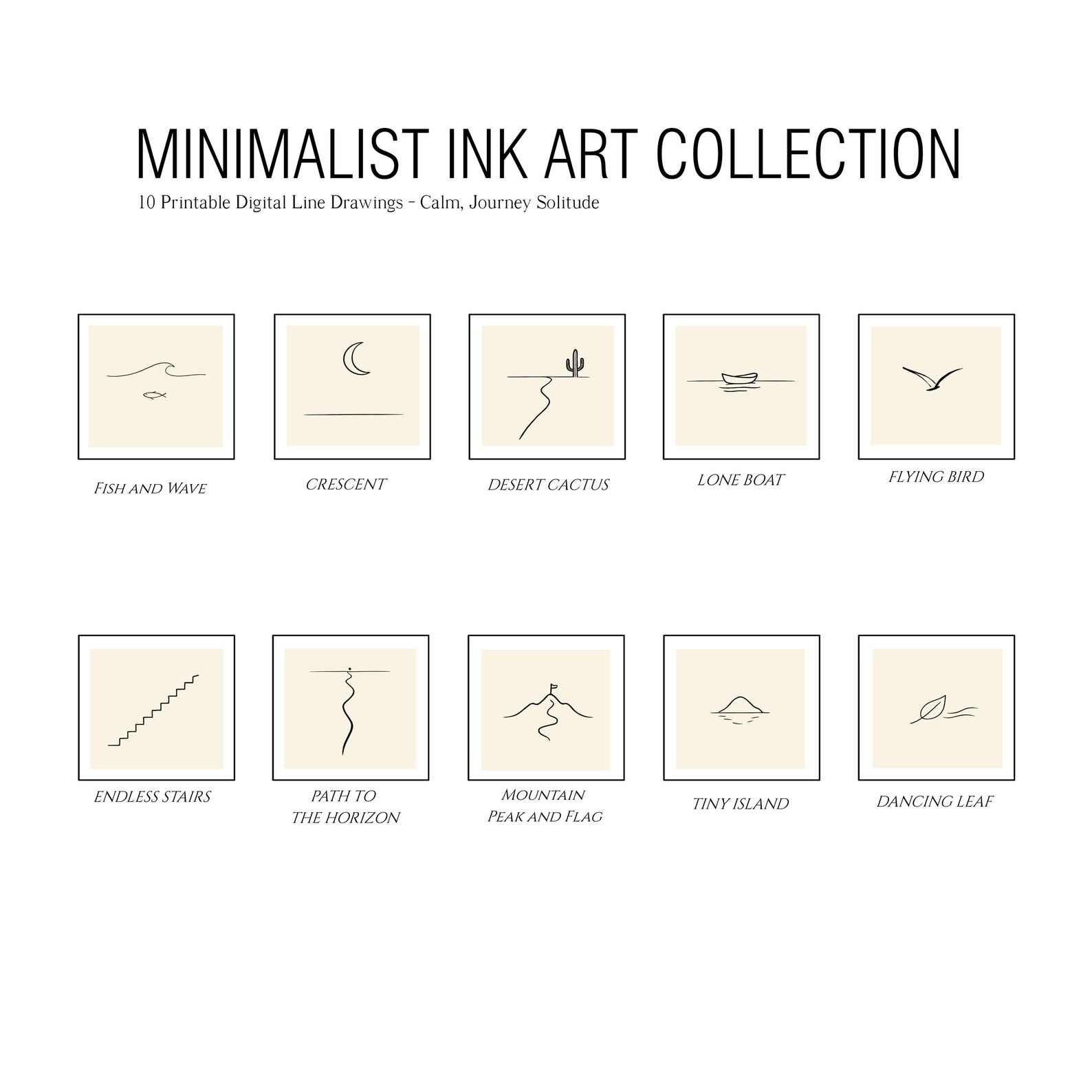 10 Minimalist Ink Art Prints – Black & White Line Drawings, Calm Wall ...