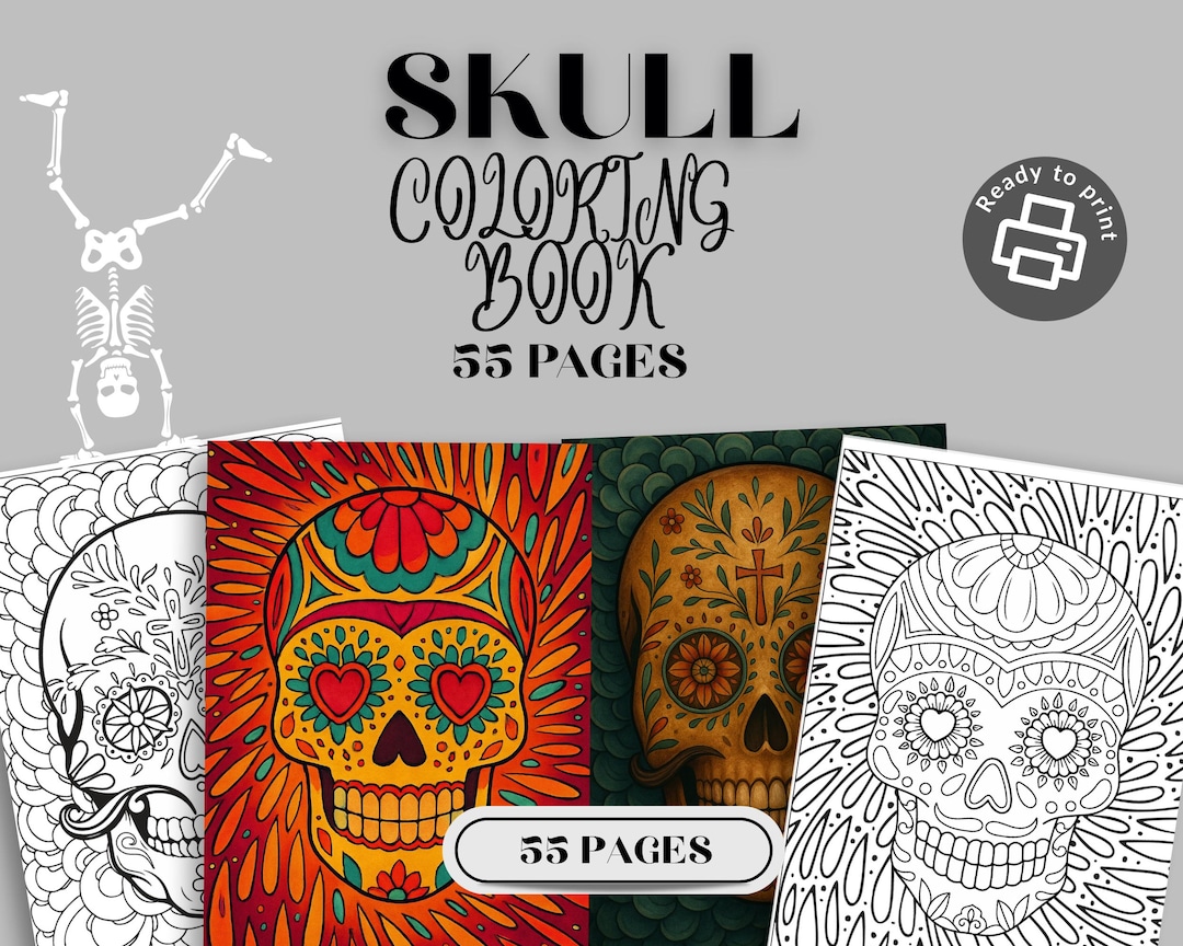 55 Human Skull Coloring Pages: Gothic, Grayscale Art (PDF) - Etsy