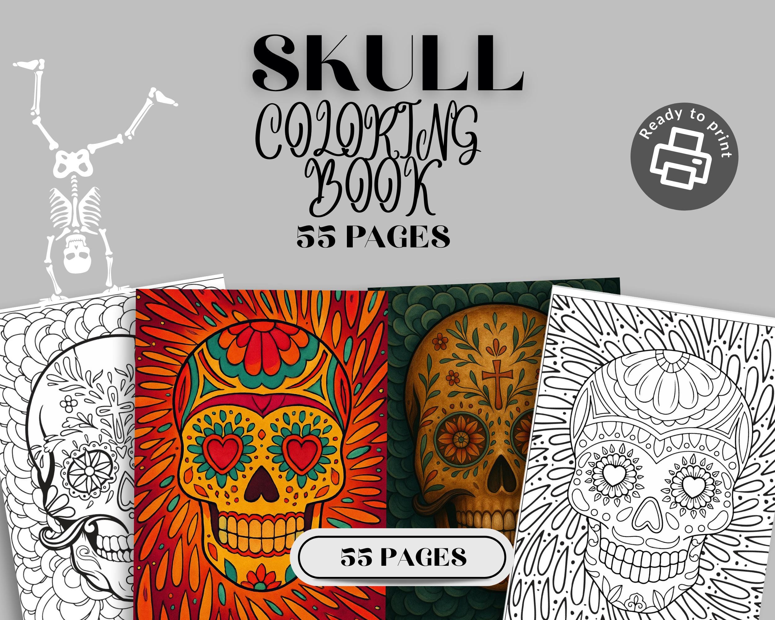 55 Human Skull Coloring Pages: Gothic, Grayscale Art (PDF) - Etsy