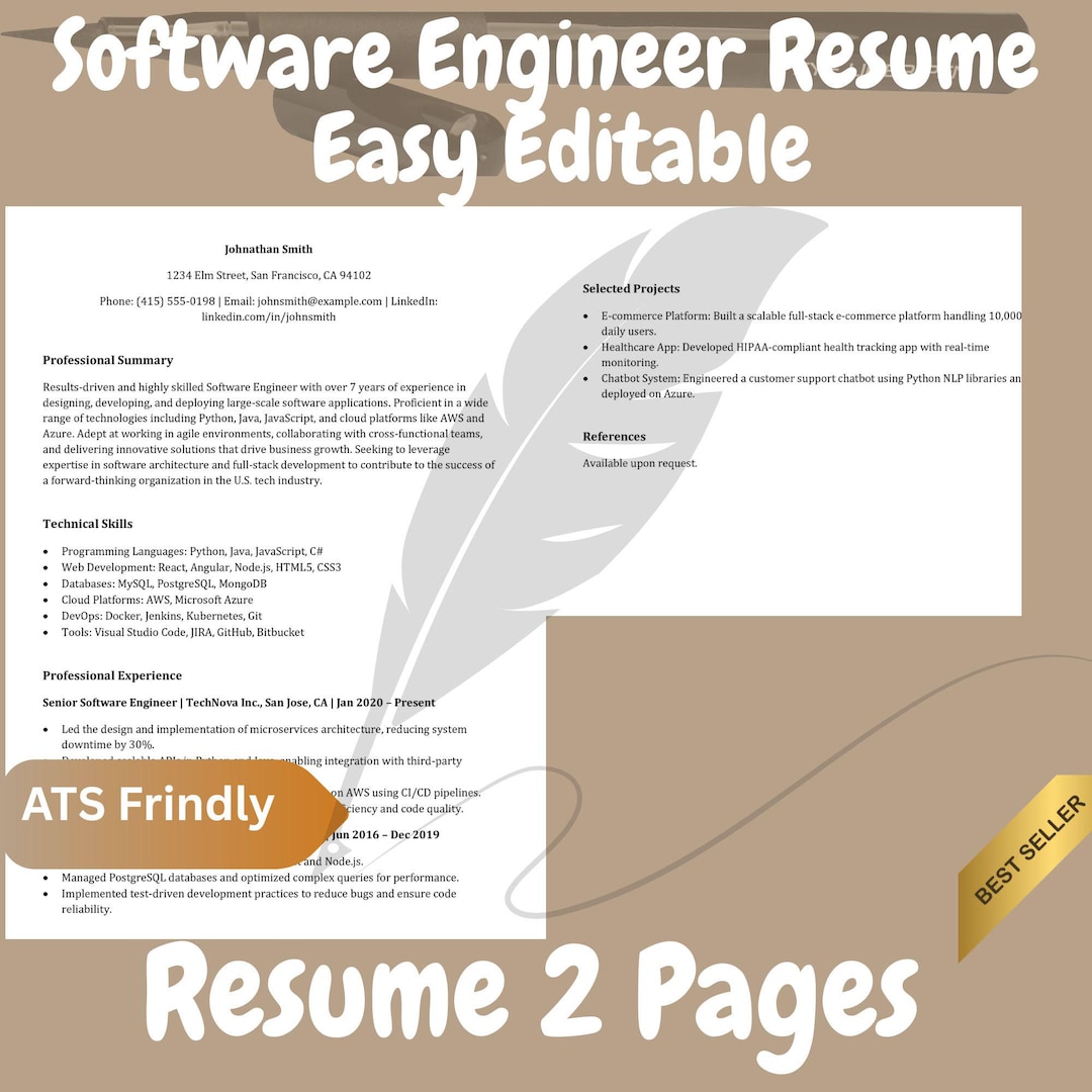 ATS Friendly Resume Template for Software Engineers IT | Google Docs ...