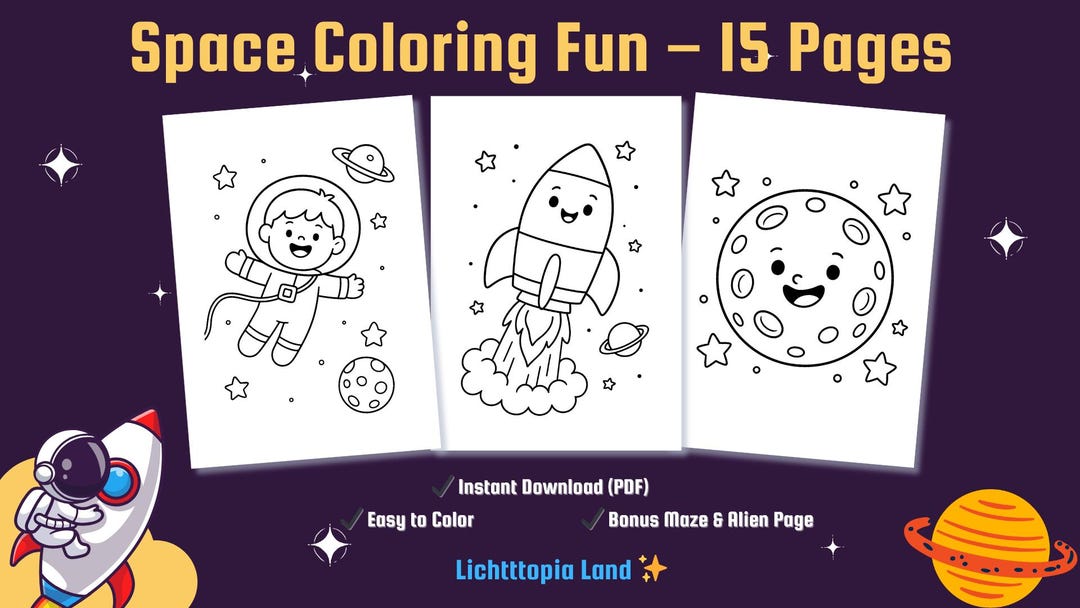 Space Coloring Pages for Kids: Astronaut, Alien, Rocket (PDF Printable ...