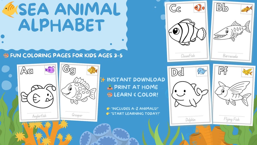 Sea Animal Alphabet Coloring Pages A–Z | Ocean ABC Printable for Kids ...