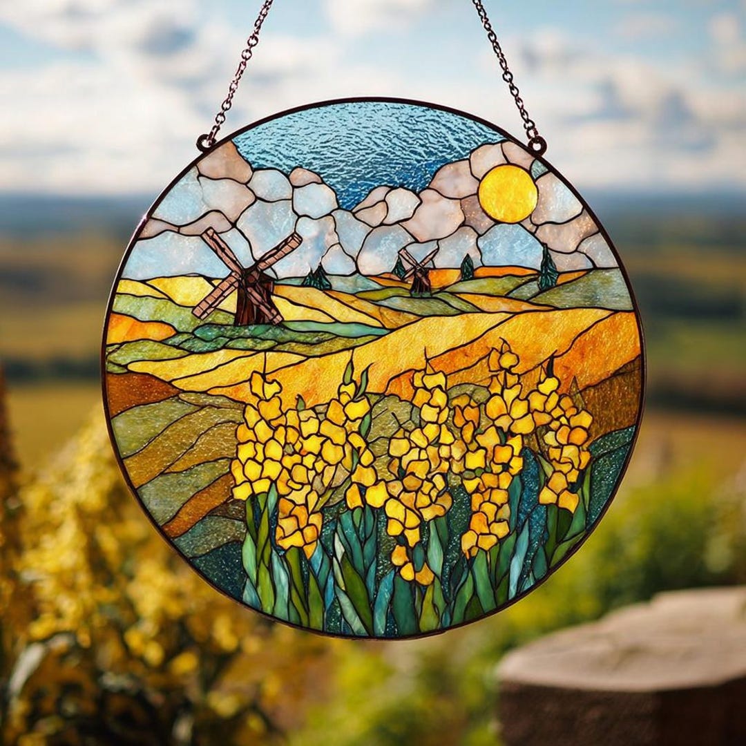 Golden Field and Windmill Stained Glass Suncatcher, Window Hanging ...