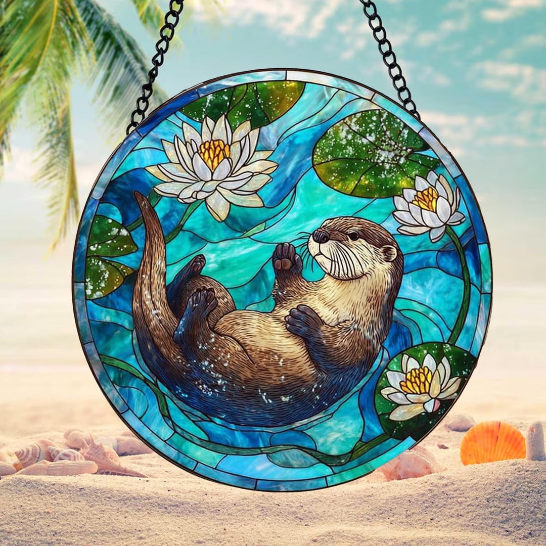 Swimming Otter Stained Glass Suncatcher, Otter Glass Decor, Window ...