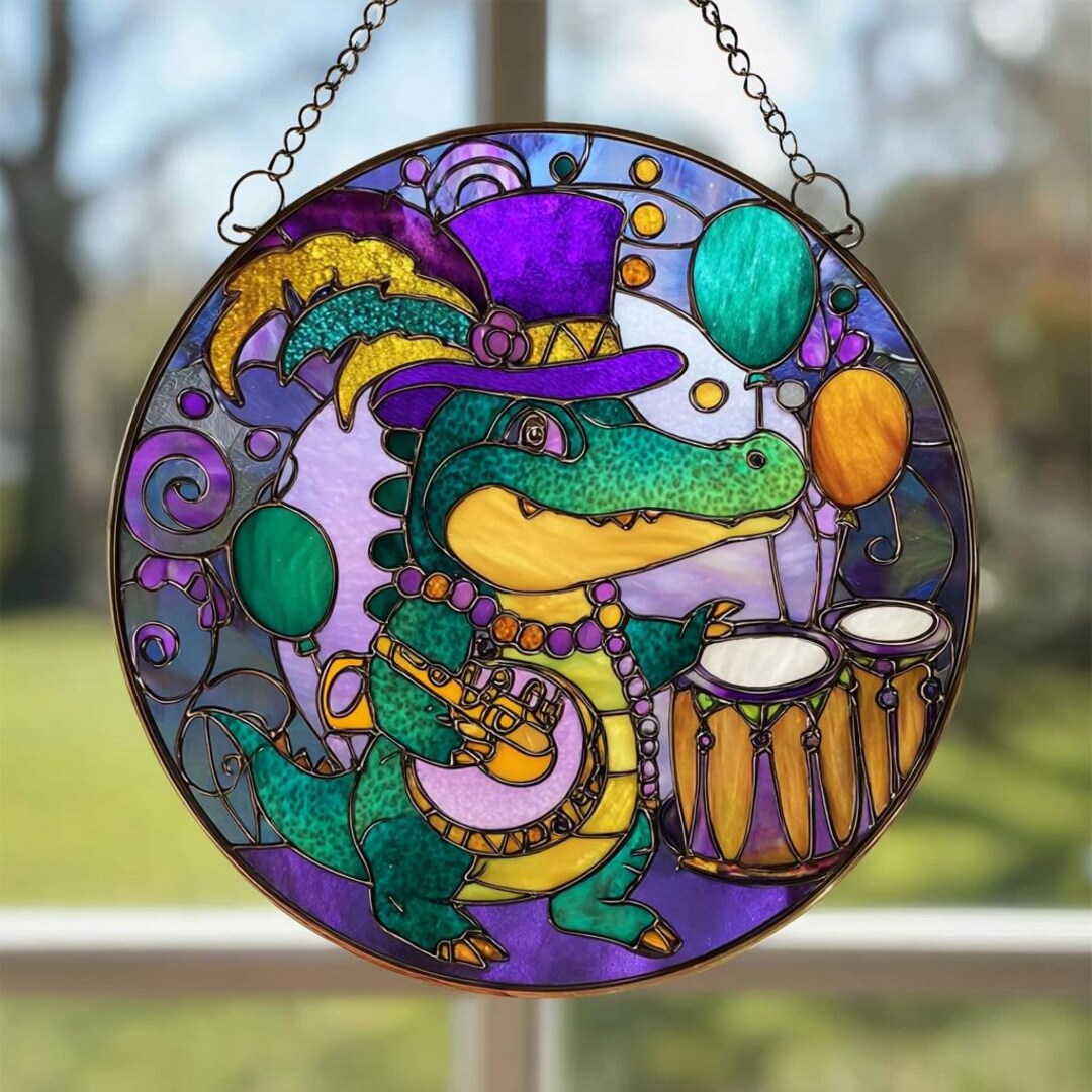 Gras Alligator Stained Glass Suncatcher, Jazz Crocodile Window Hanging ...