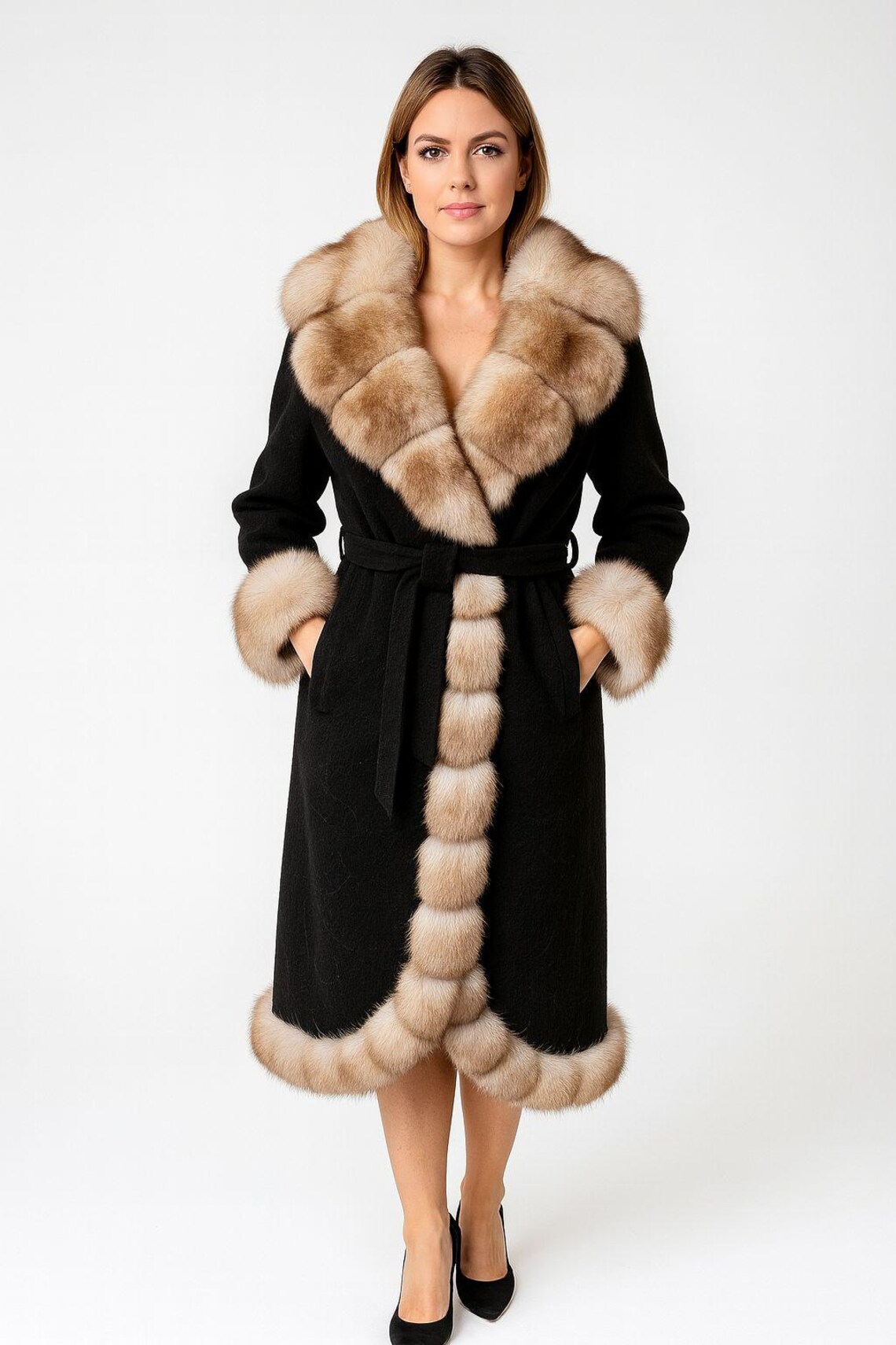 Modern and Elegant Style Black Wool Coat, With Golden Fur Trim ...