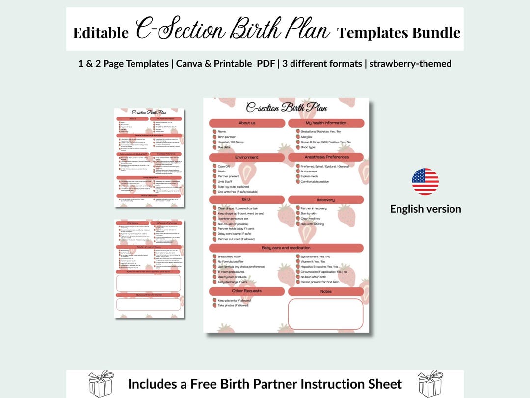 C Section Birth Plan Template, Editable Printable Cesarean Preferences ...