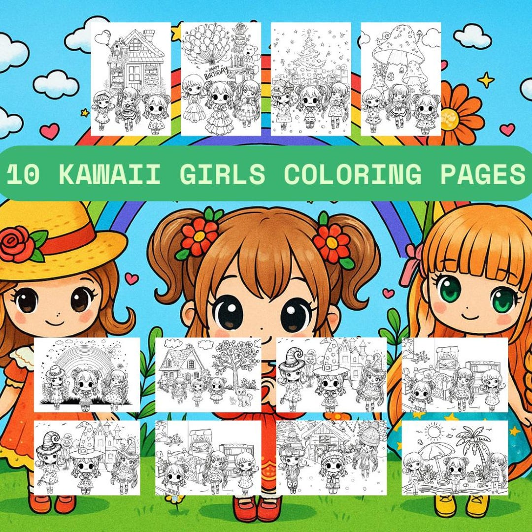 Adorable Kawaii Girls Coloring Pages for Kids - Cute Printable Digital ...