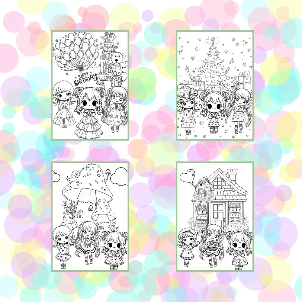Adorable Kawaii Girls Coloring Pages for Kids - Cute Printable Digital ...