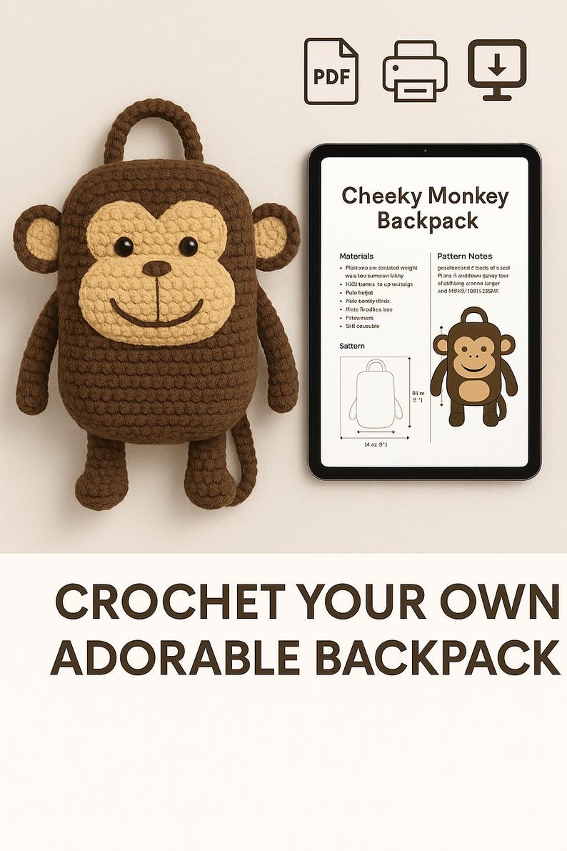 Cheeky Monkey Crochet Backpack Pattern PDF – Cute Animal Kids Bag DIY Tutorial – Beginner ...