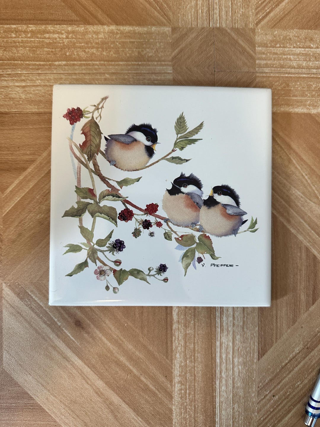 Valerie Pfeiffer Chickadees Ceramic Tile: Vintage Bird Trivet Wall Art ...